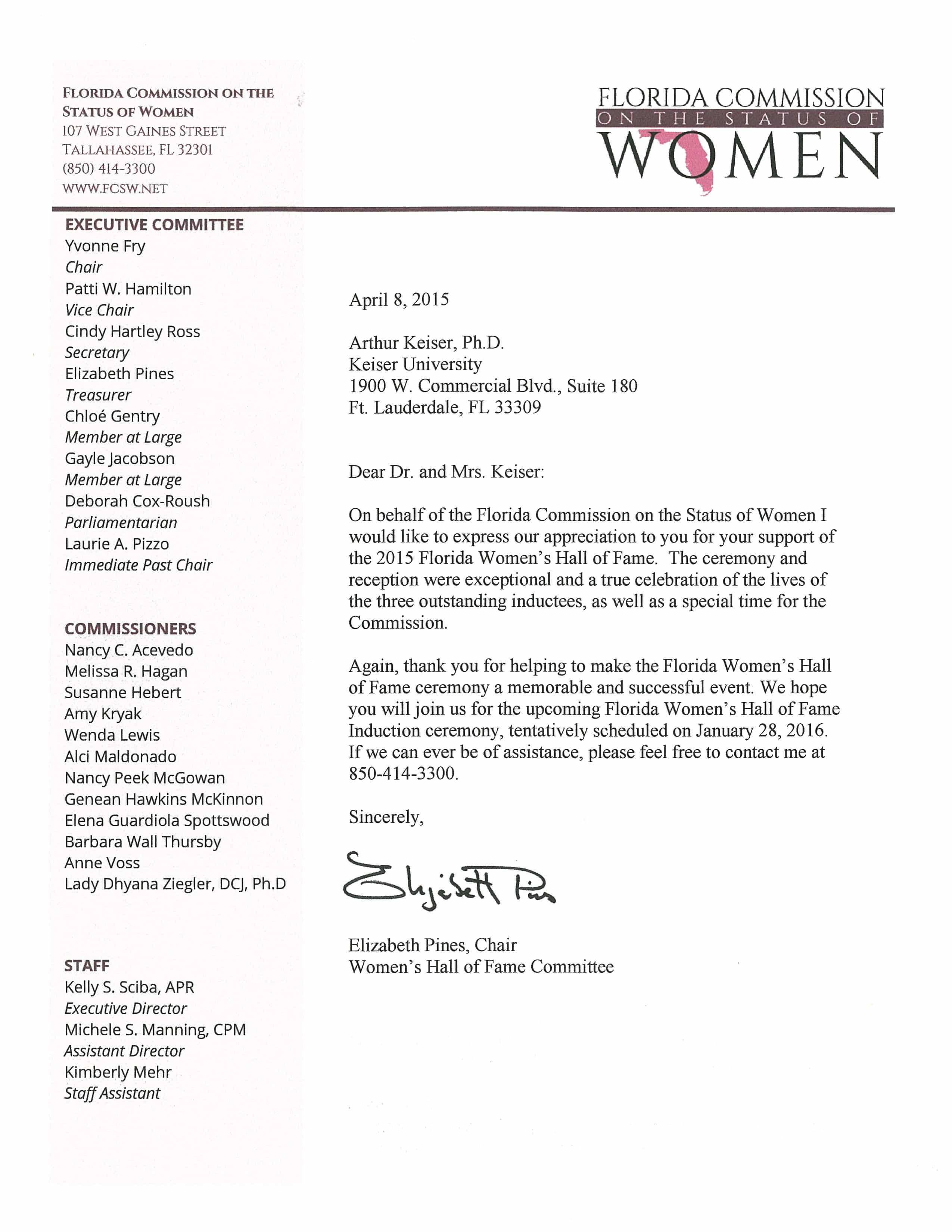 Letter Of Appreciation From The Florida Commission On The Status Of
